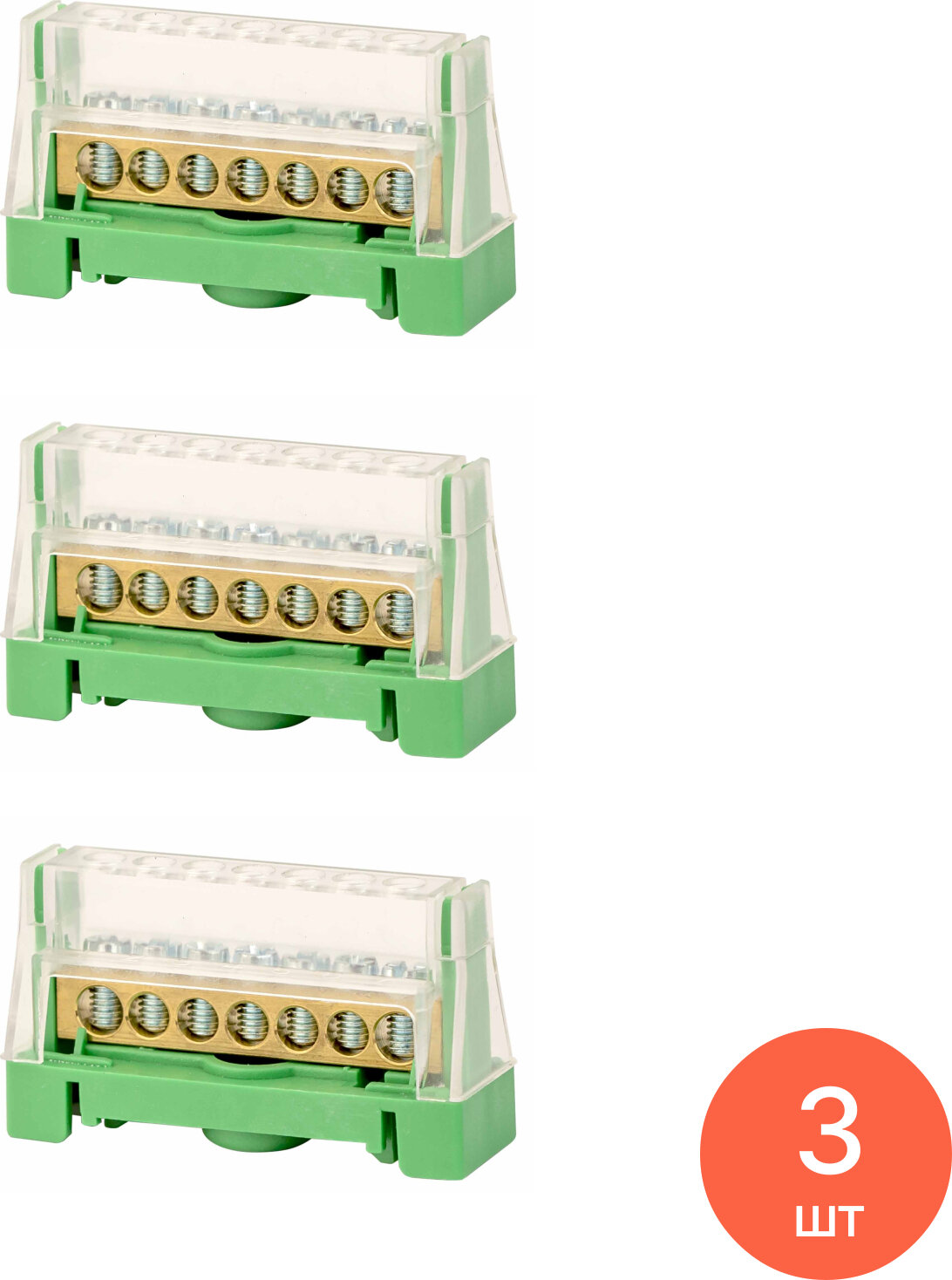 Распределительный блок DKC / ДКС, крепеж на DIN-рейку, шина латунная в корпусе, зеленая / кросс модуль (комплект из 3 шт)