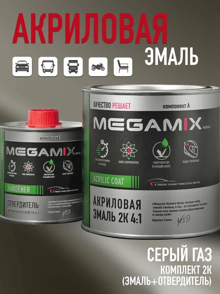 Акриловая краска автомобильная 2К 4:1 Серый / Серый ГАЗ, Комплект (эмаль 840 мл и отвердитель 210 мл), MEGAMIX