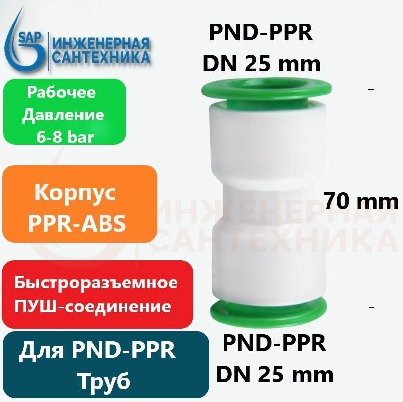 Муфта для ПНД и ППР труб, DN 25-25, ПУШ фитинг, 10 Штук