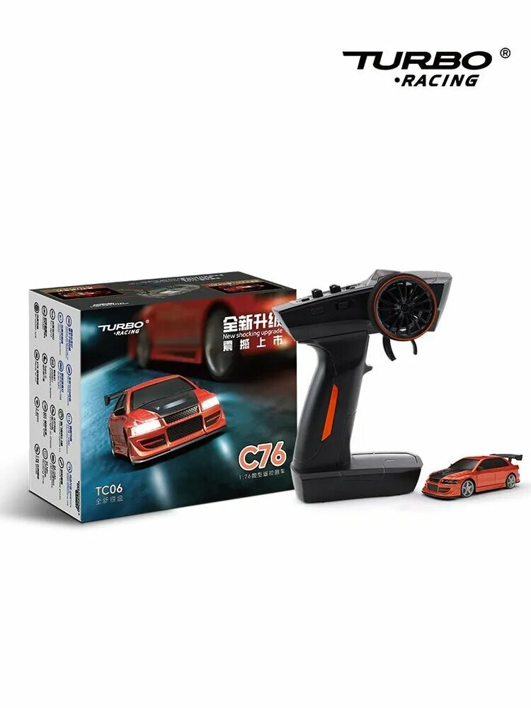 Turbo Racing C76 Радиоуправляемый дрифт-кар 1:76 с гироскопом, 2.4 ГГц пульт, 2 сменных кузова (красный спорткар). Для гонок дома, офиса и коллекций