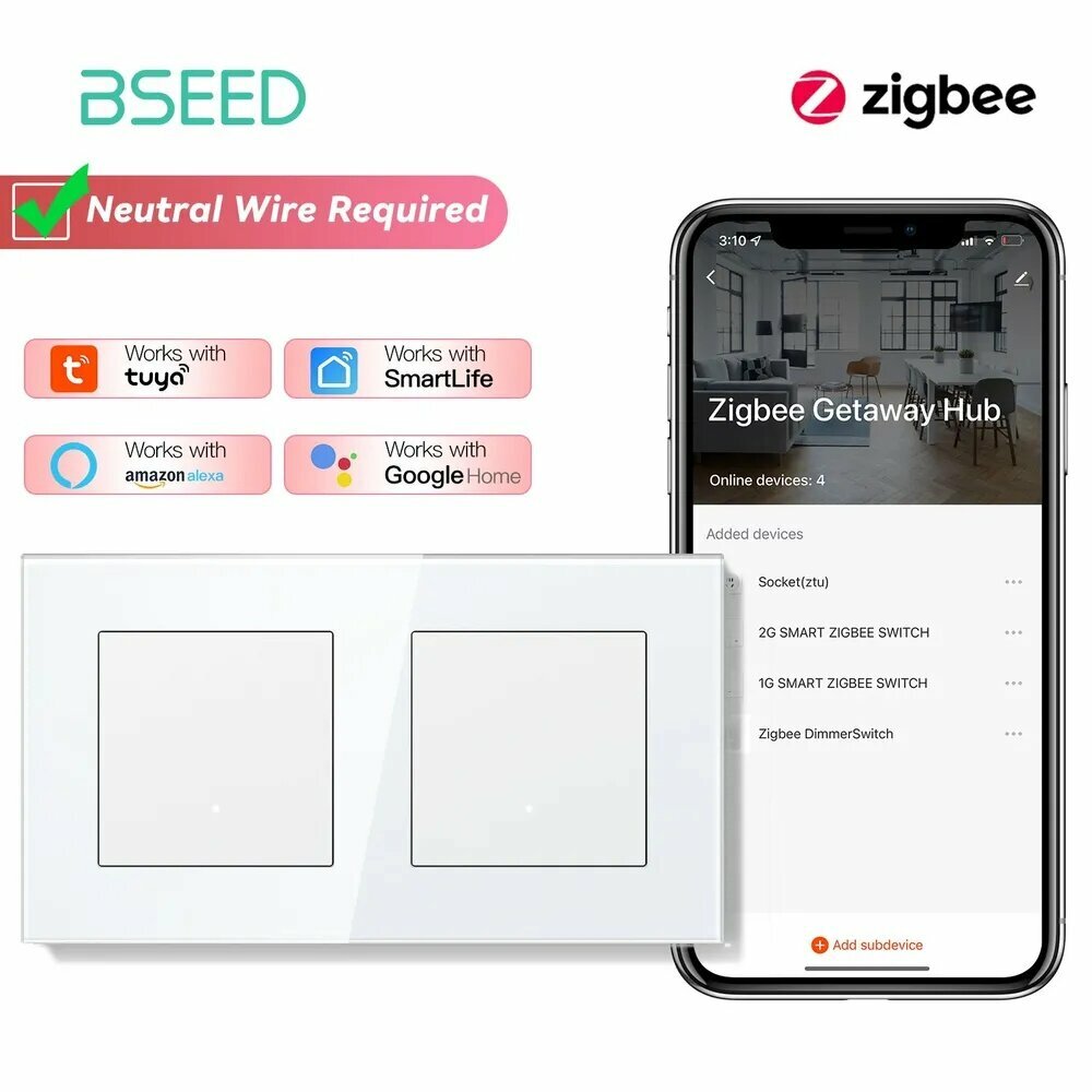 Умный выключатель c Алисой, Легко нажать, ZIGBEE, 2 поста (1+2), панель стекл, 157mm