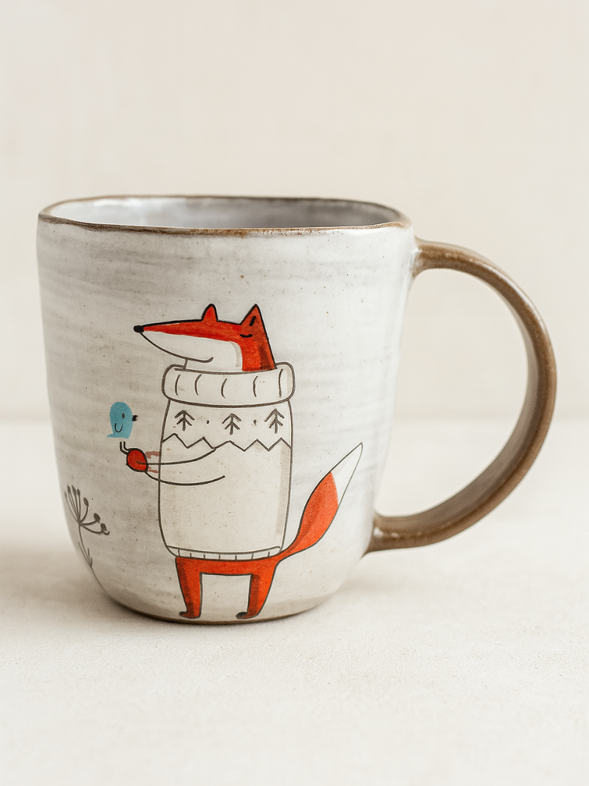 Кружка ручной работы с росписью Лис в свитере и птичка, керамика, 450 мл