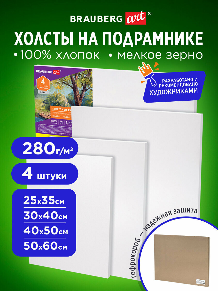 Холст на подрамнике набор 4 штуки 25х35 30х40 40х50 50х60 см в коробе, 280 г м2, хлопок, Brauberg Art, 192509