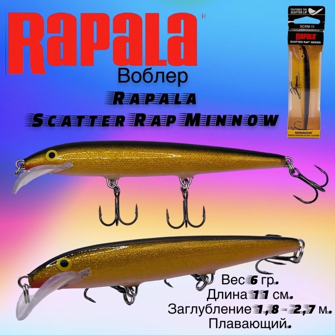 Воблер для рыбалки RAPALA Scatter Rap Minnow 11, 11см, 6гр, 1,8-2,7 м. плавающий