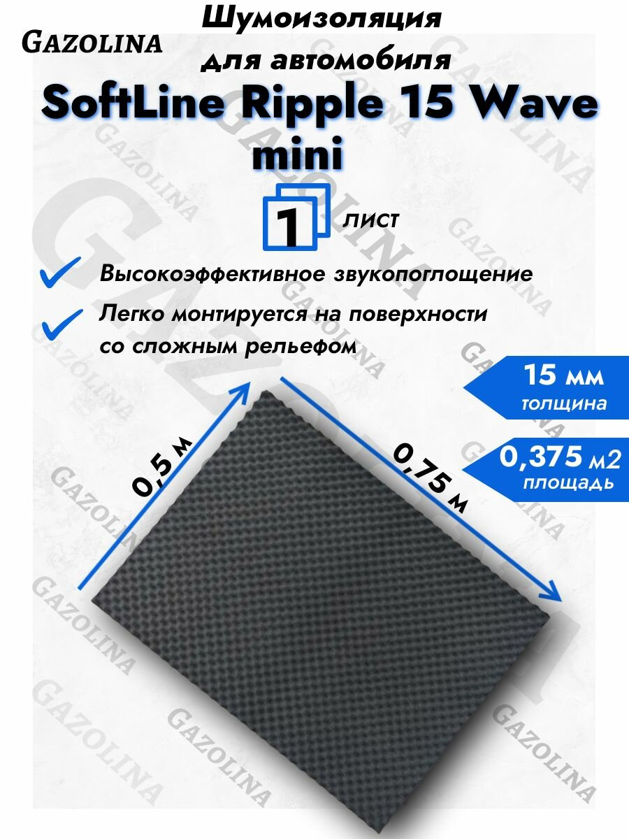 Шумоизоляция для автомобиля SoftLine Ripple 15 Wave mini (0,5мх0,75м) 1 л/ Акустический поролон Волна / Звукопоглощающий