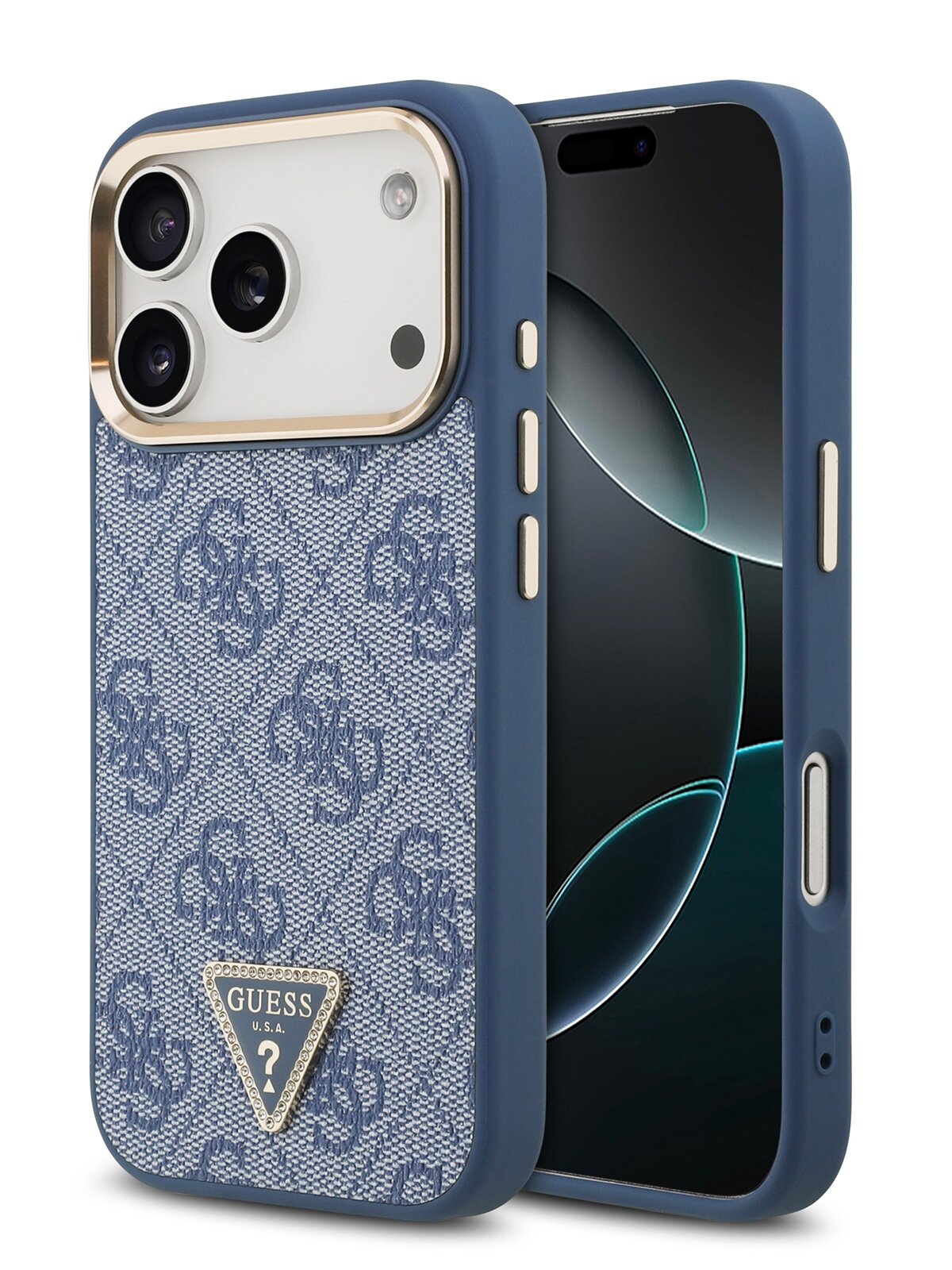Guess чехол с MagSafe для iPhone 17 Pro Max, PU кожа 4G Triangle Diamond metal logo Gold camera, синий