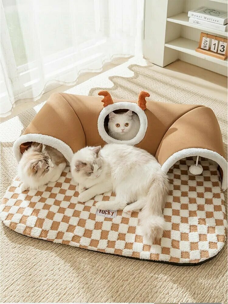 Утепленный домик-лежанка для кошек с игровым туннелем, тоннель для кошек игровой, домик для кошки, 3 в 1