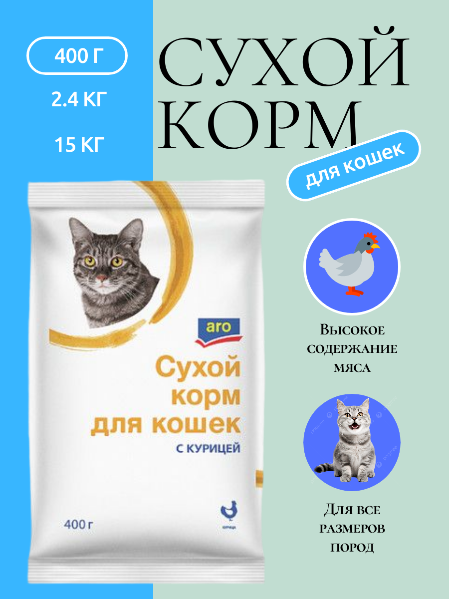 Сухой корм Aro с курицей для взрослых кошек любых пород 400 г