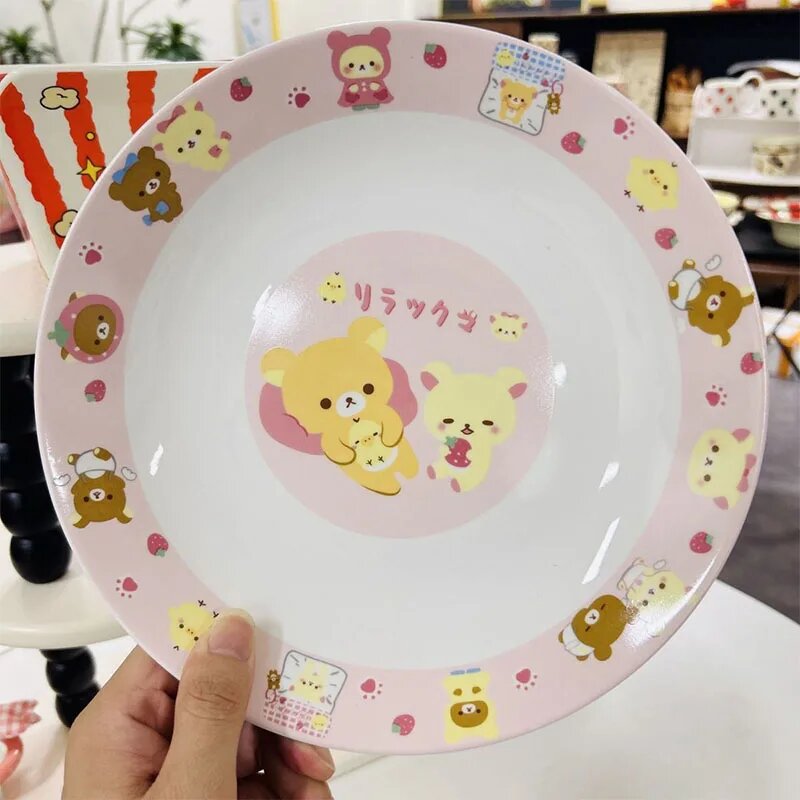 Kawaii 9-дюймовая керамическая тарелка для супа Rilakkuma, высокая красота, розовый мультяшный диск, тарелка с фруктами, овощные тарелки Dim Sum, подарки для девочек, игрушки, Dining plate, 9 inches, Унисекс