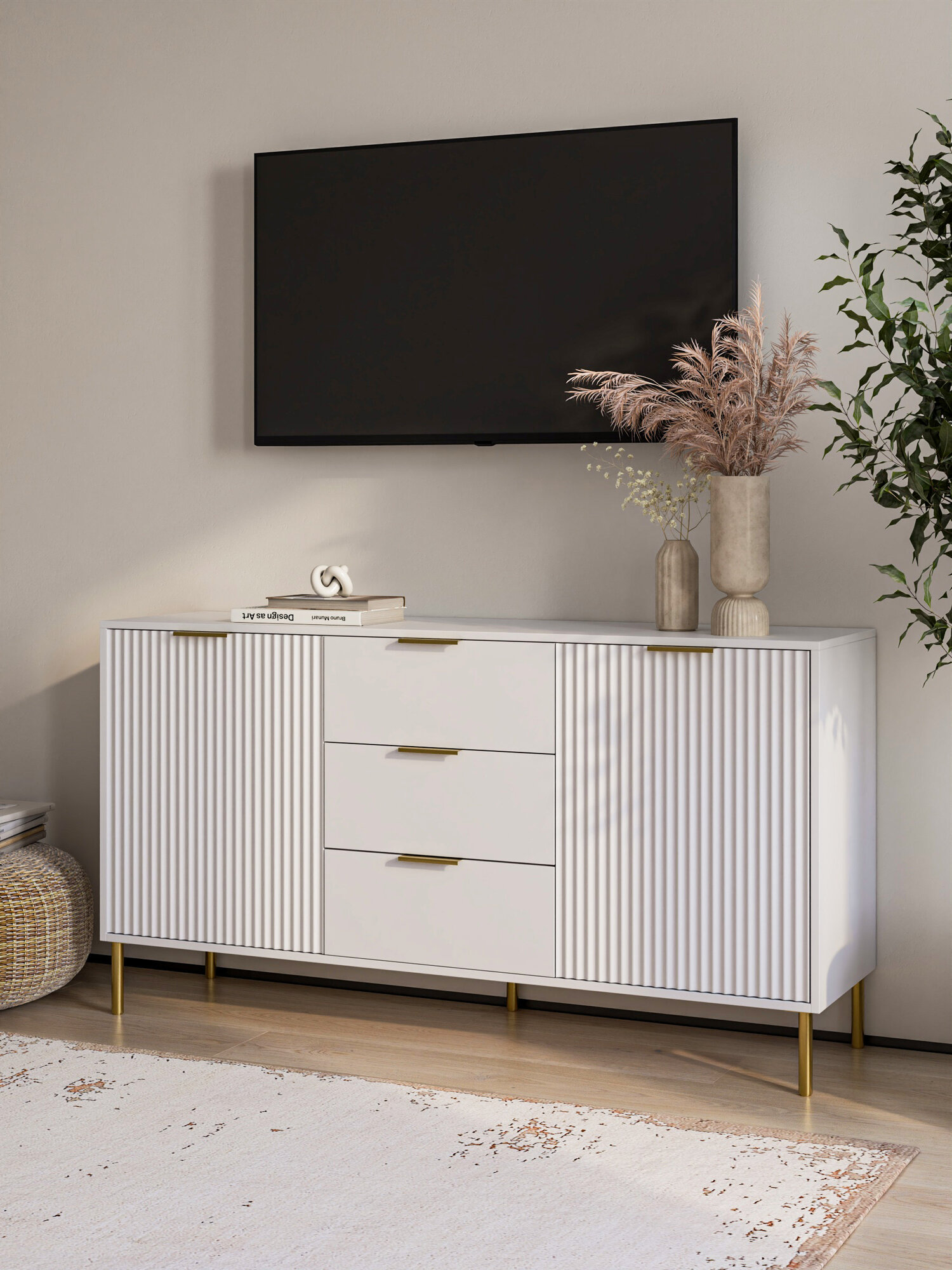 Тумба под телевизор с выдвижными ящиками BORDO Raenyra, 150х80х40 см, белый с золотой фурнитурой