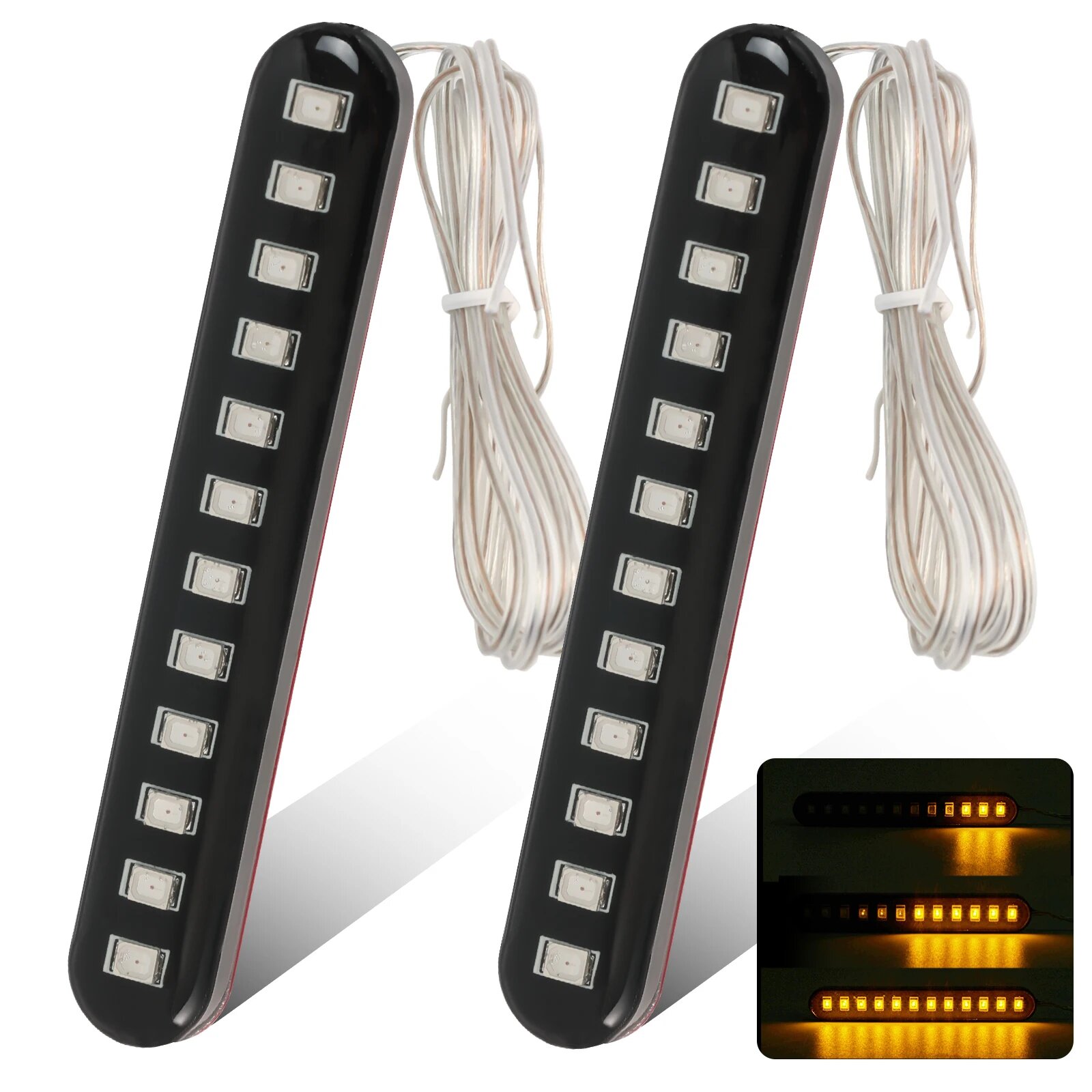 2 шт. светодиодная лента для мотоцикла, 12 светодиодов, янтарная лампа указателя поворота с проточной водой, водонепроницаемые светодиодные ходовые огни, полоса заднего фонаря