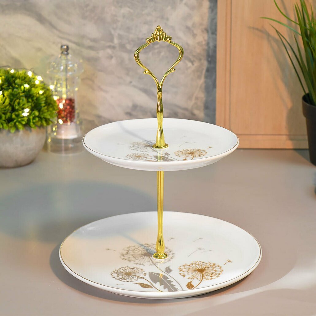 Фруктовница 2-х ярусная "Одуванчики", фарфор, золотистый узор, 20см/15см