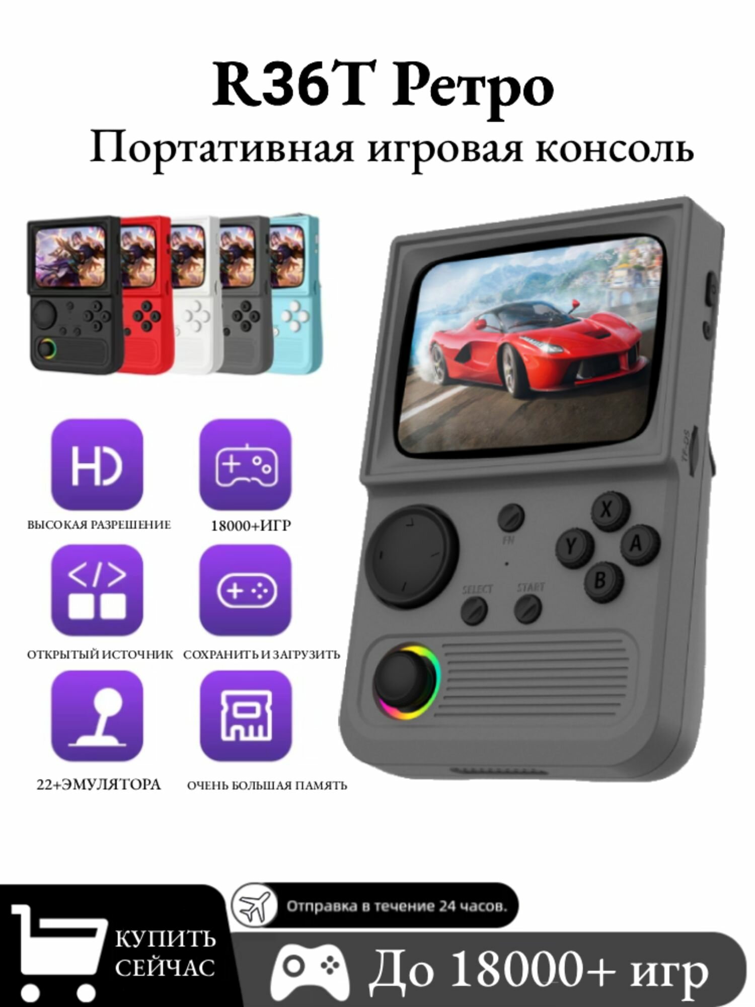 R36T Игровая консоль,64G/18000 ретро игр,3500mAh, серый