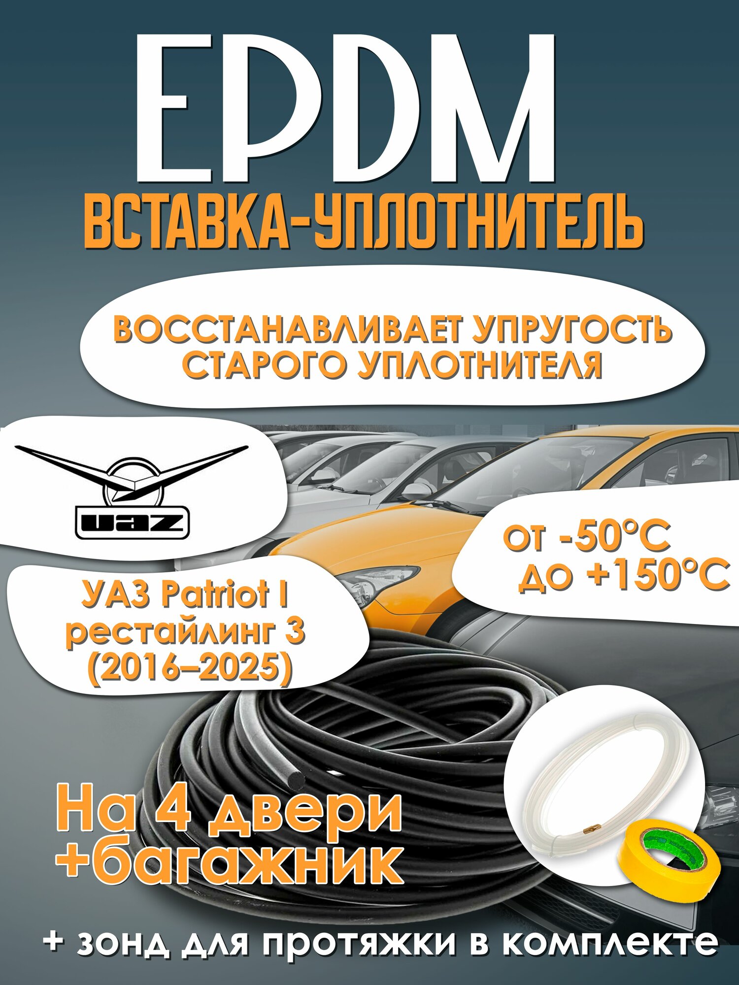 EPDM вставка-уплотнитель для дверей автомобиля УАЗ Patriot I рестайлинг 3 (2016-2025) / УАЗ Патриот 1 поколение рестайлинг 3