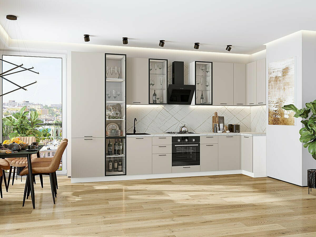 Кухня 4 м. угловая без столешницы Флэт-05 Готовый кухонный гарнитур полки стекло 2340*4000-1000*600 Cashmere In 2S