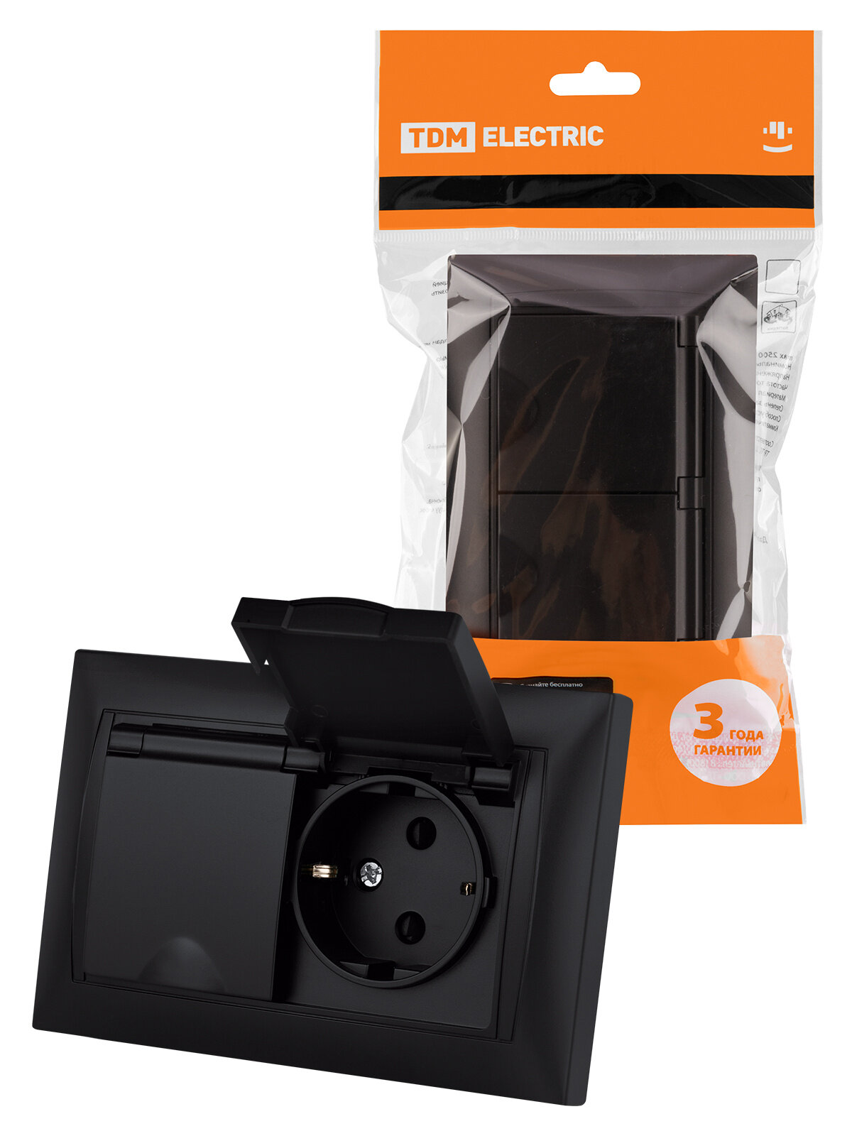 Розетка двойная 2П+З   16А 250В IP44 с защ. шт. с  крышкой графит серия "Лама" TDM Electric