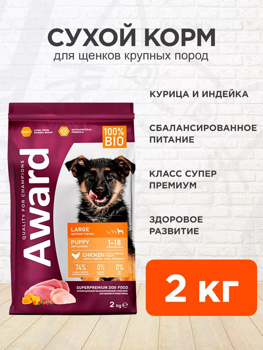 Корм сухой Award Large Puppy для щенков крупных пород, курица и индейка, 2 кг