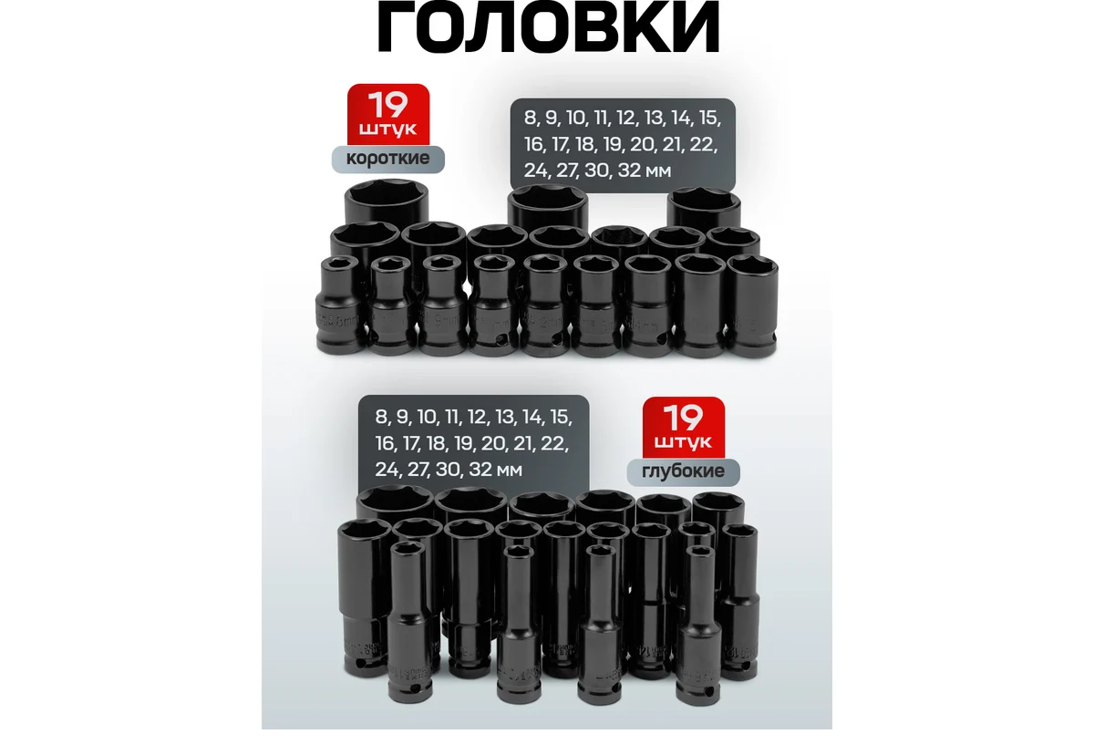 Набор инструментов EVERFORCE, 43 предмета, 1/2", 6-гранные, сталь — фото 1