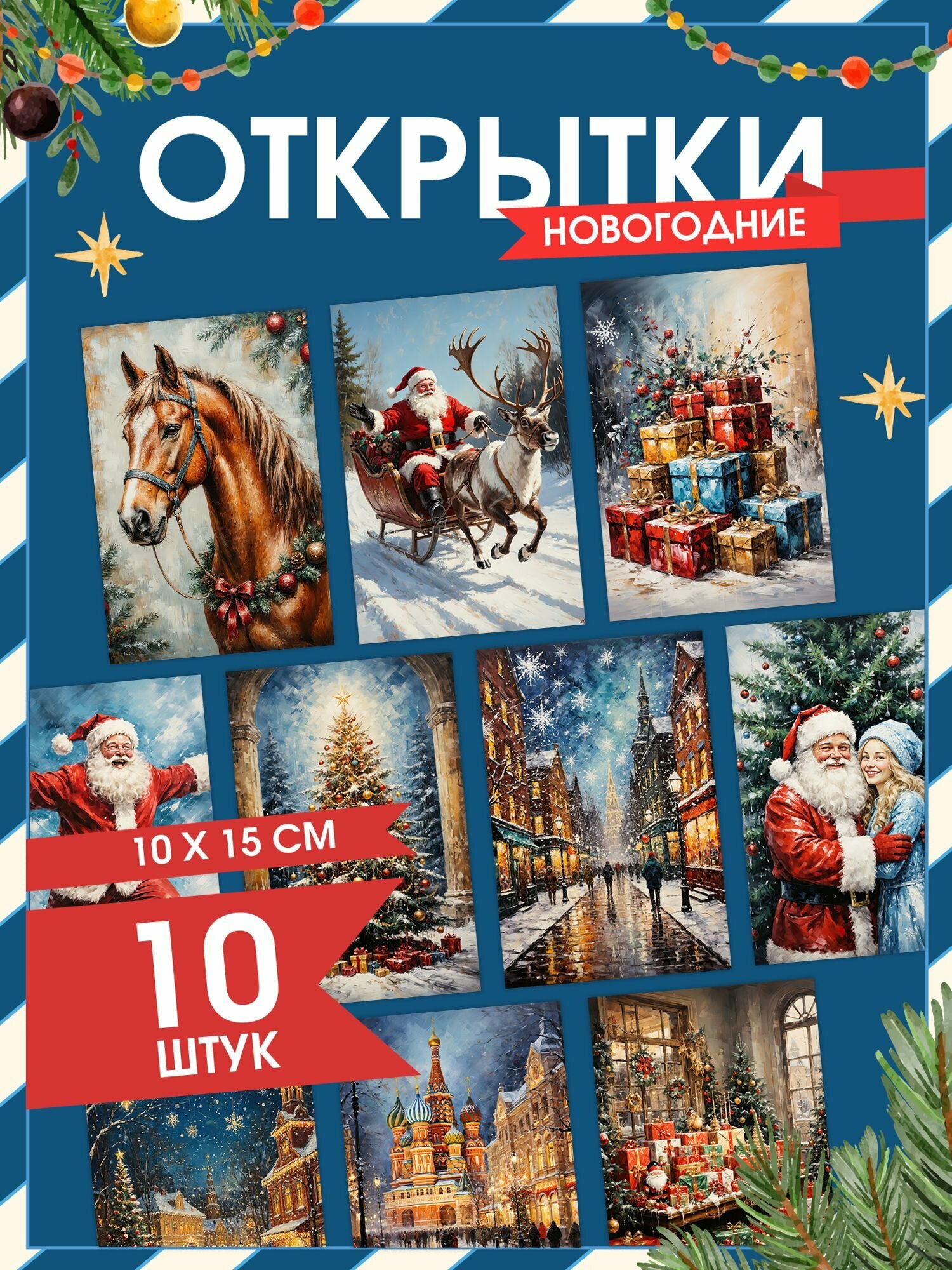 Открытки новогодние 10х15, 10 шт