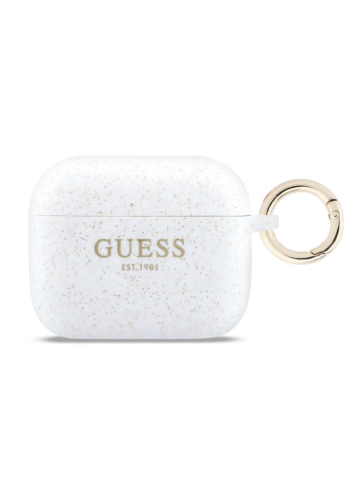 Чехол Guess для Airpods Pro 3, силиконовый с вкраплением блесток, с кольцом-карабином, белый