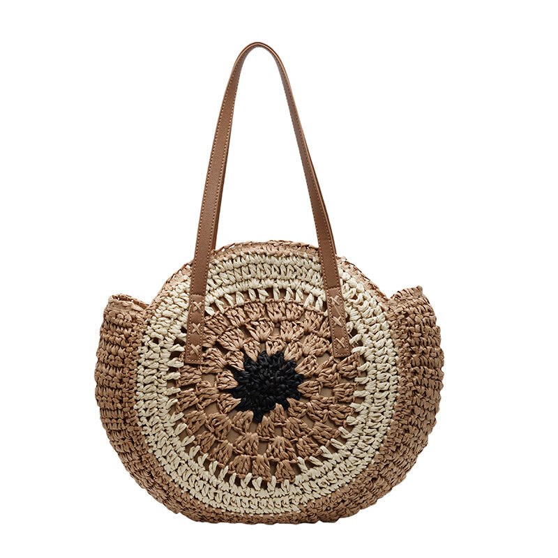 Новая бумажная веревка, вязаная крючком, цветная большая круглая сумка из соломки, повседневная сумка с цветными блоками, пляжная сумка, модная плетеная сумка через плечо для женщин