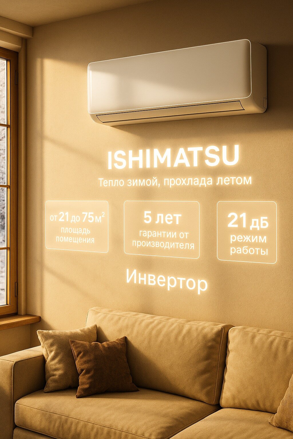 Кондиционер Ishimatsu Osaka AVK-24I, инверторный, мощность 6800 BTU, площадь до 70 м², Wi-Fi