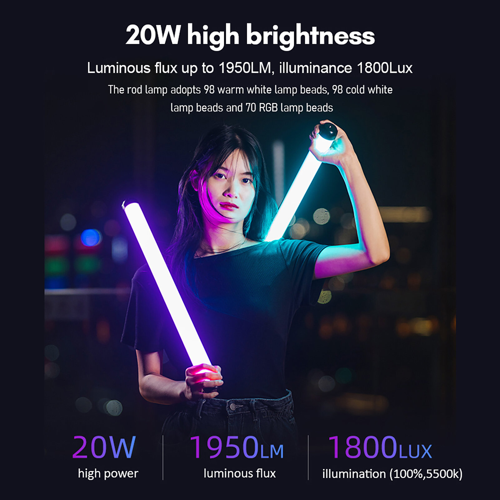 Светодиодная лампа VILTROX K60 20 Вт RGB, двухцветная портативная заполняющая световая трубка, палочка, 2500–8500 К, с регулировкой яркости, TLCI≥97, CRI≥95, с 26 специальными эффектами сцены, поддержка OLED-экрана, беспроводной пульт дистанционного