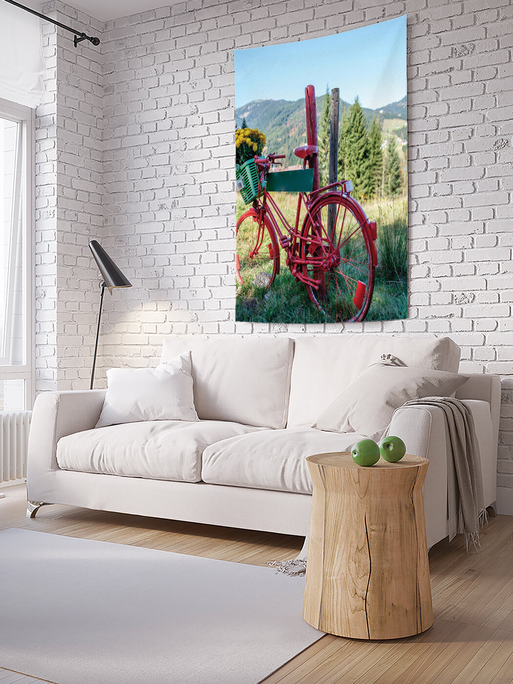 Фотопанно на стену тканевый вертикальный 150х200 "Велосипед с цветами на лугу" , JoyArty