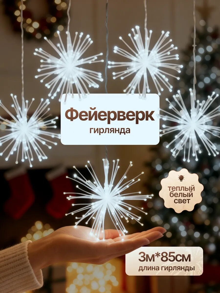 Гирлянда новогодняя салют фейерверк белая от сети с пультом