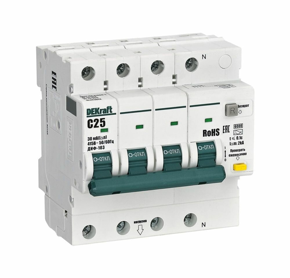 Выключатель автоматический Instart ДИФ-103, дифференциальный, 3P+N, 25А, ток 30 мА, тип AC, характеристика C, 6кА