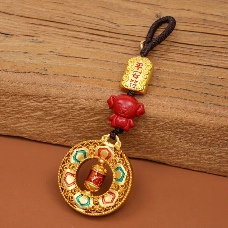 Позолоченный медный брелок для ключей с подвеской-талисманом из киновари в виде знака зодиака, эмалированный