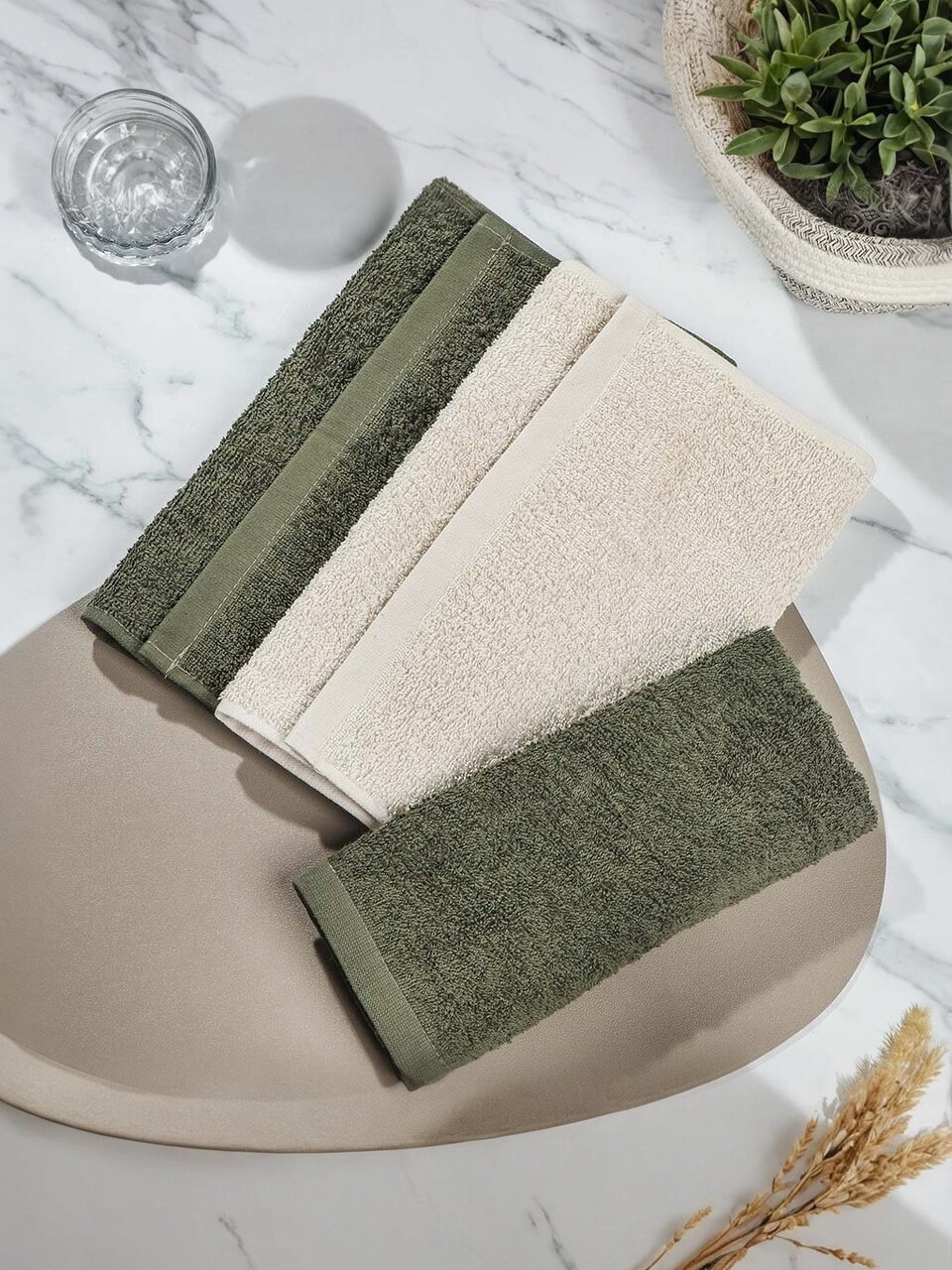 Набор кухонных полотенец Silvano Pollen 3 шт, 30х50 см, махровые, 100% хлопок, темно-зеленый и молочный, Узбекистан