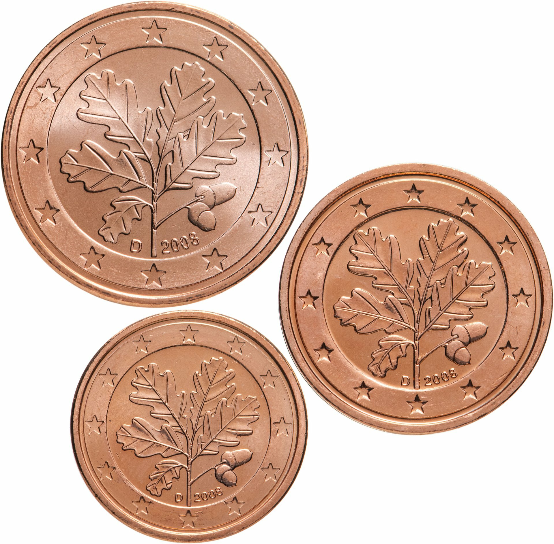 Германия набор 1, 2, 5 евроцентов 2008 двор D 3 монеты, Сталь, в сохранности UNC