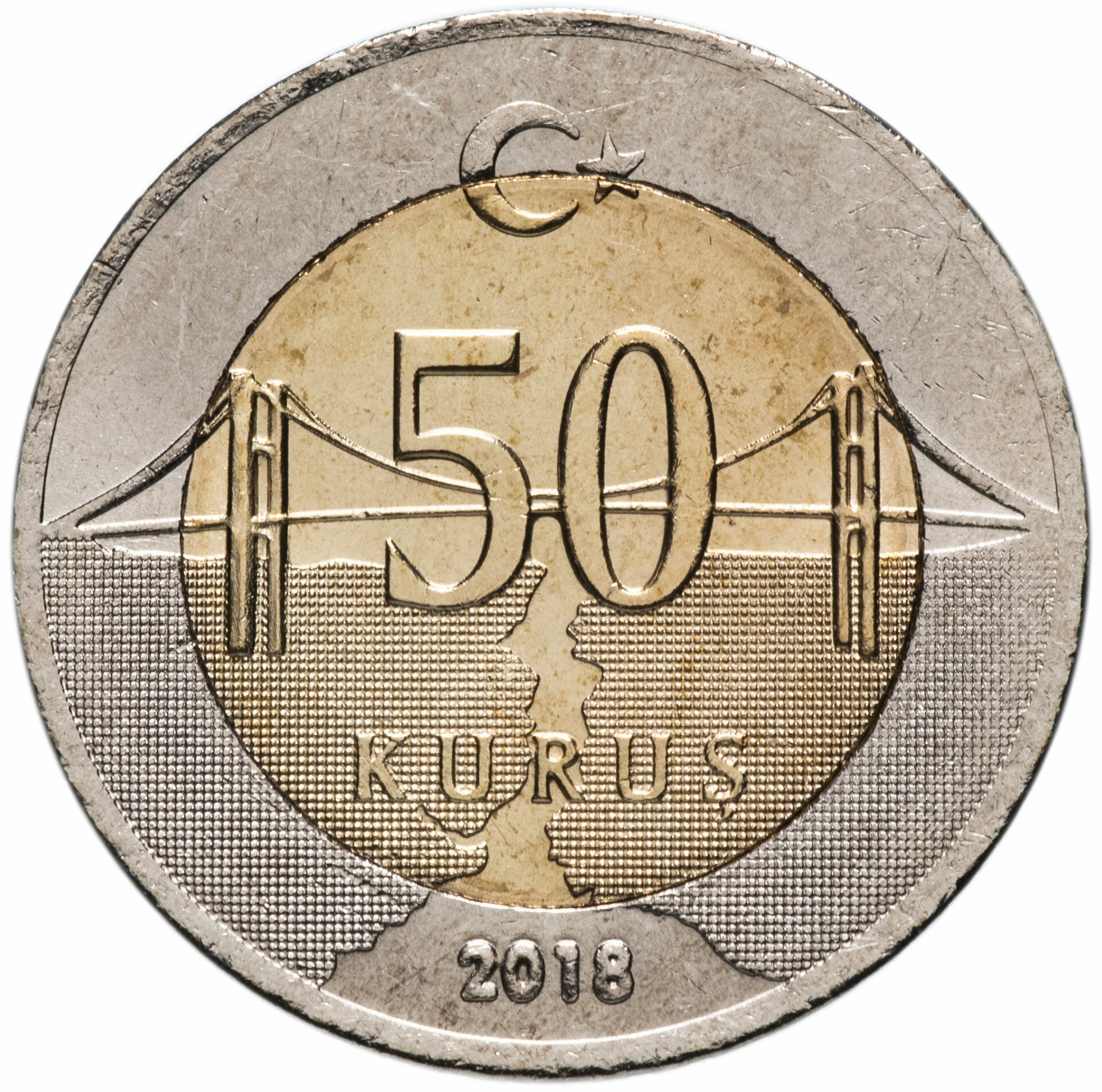 Турция 50 курушей kurus 2018, Биметалл, в сохранности UNC
