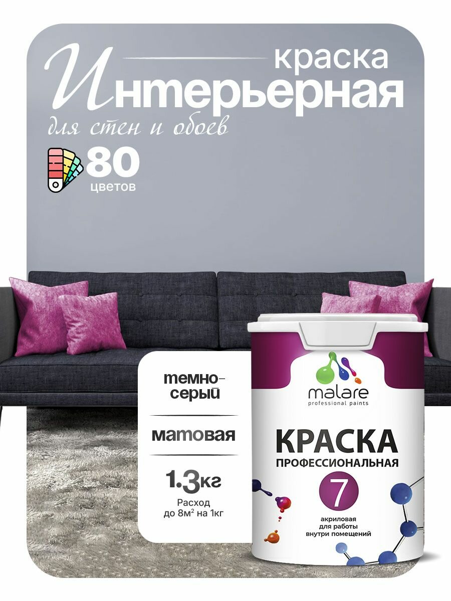 Краска Malare Professional Euro №7 интерьерная для стен и обоев, для потолка, акриловая, быстросохнущая, без запаха, матовая, темно-серый, (1л - 1.3кг).