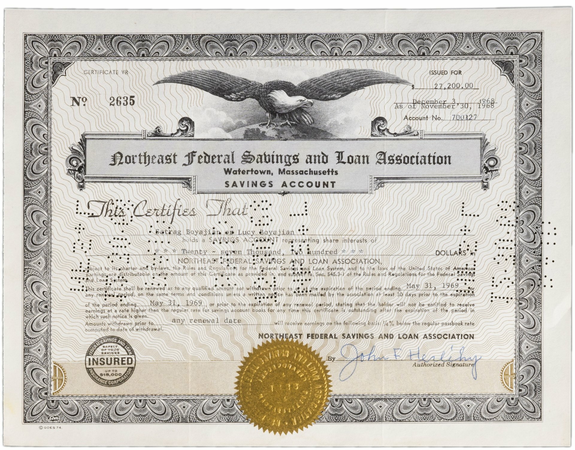 США Акция NORTHEAST FEDERAL SAVINGS AND LOAN ASSOCIATION INC 1969