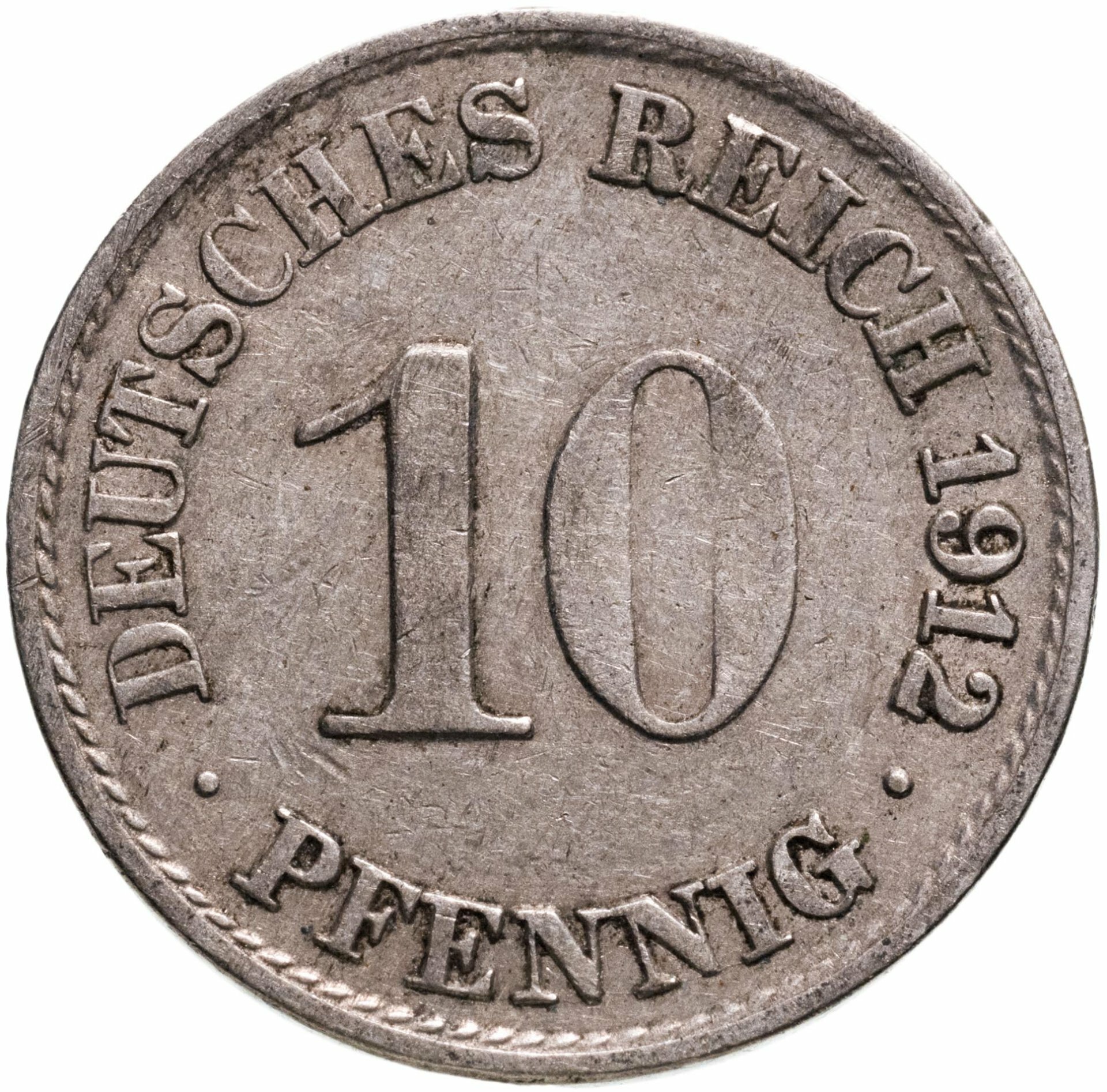 Германия 10 пфеннигов 1912 знак монетного двора: "A" - Берлин, Никель, в сохранности VF-XF