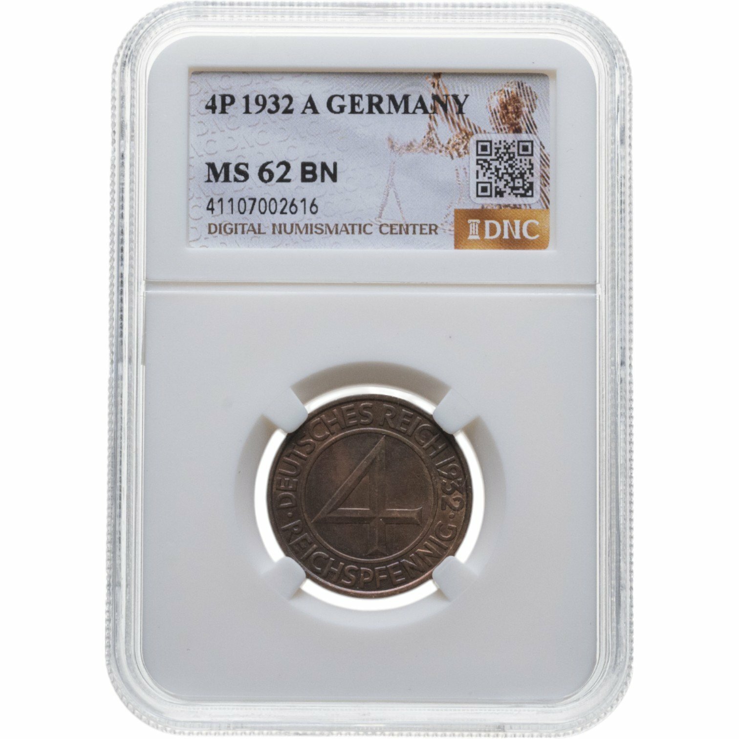 Германия 4 рейхспфеннига reichspfennig "А" 1932 в слабе DNC MS62 BN, Бронза