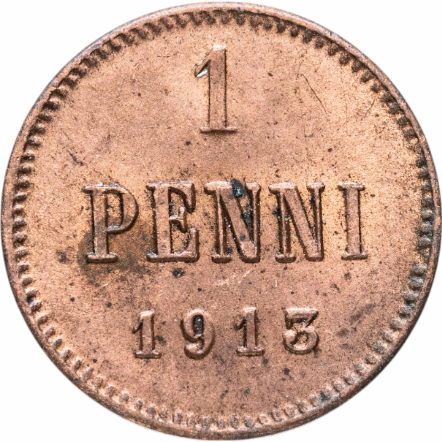 1 пенни penni 1913 Российская Финляндия, Медь, в сохранности AU