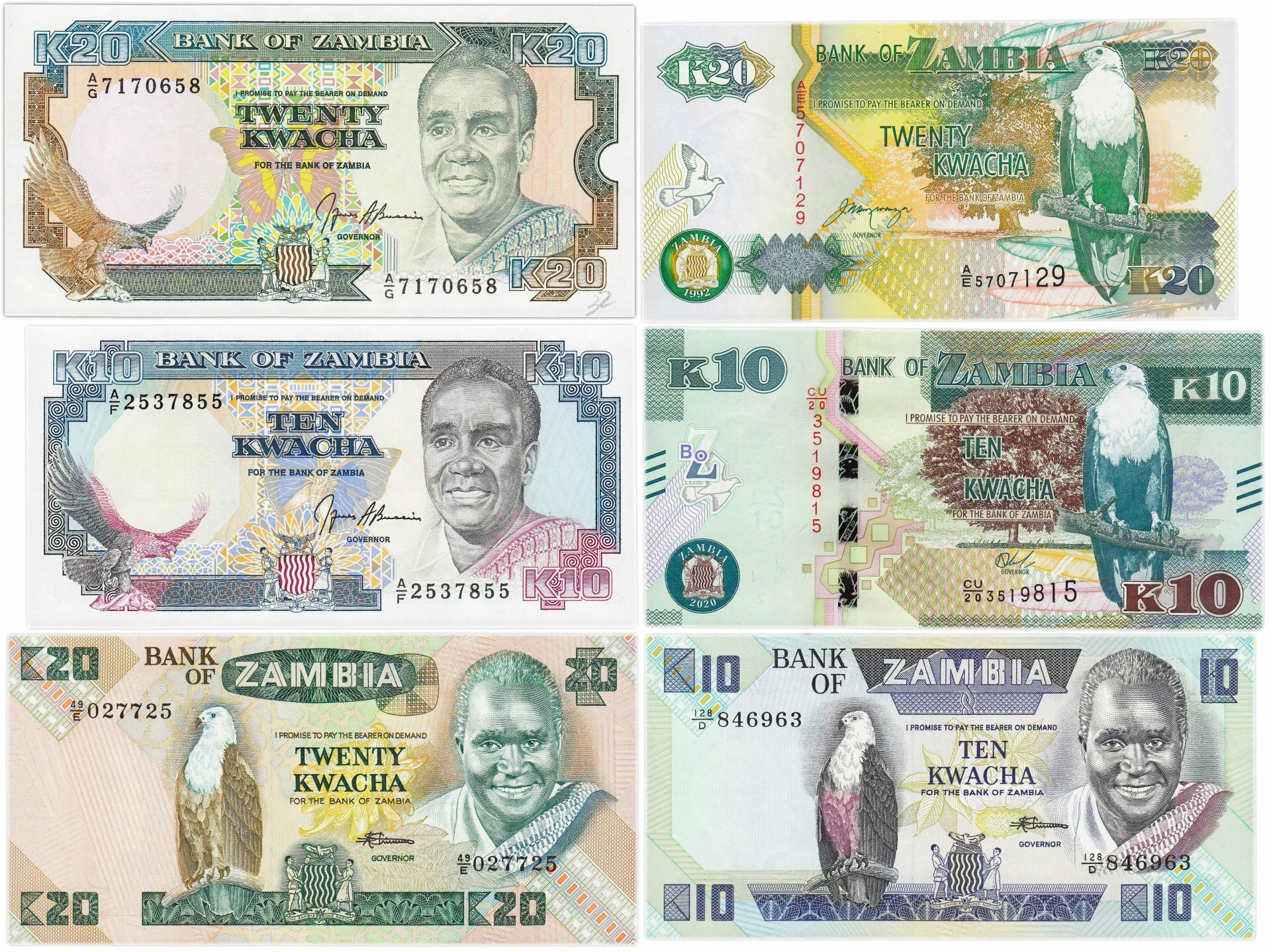 Замбия набор из 6 банкнот 10 и 20 квача 1992-2020
