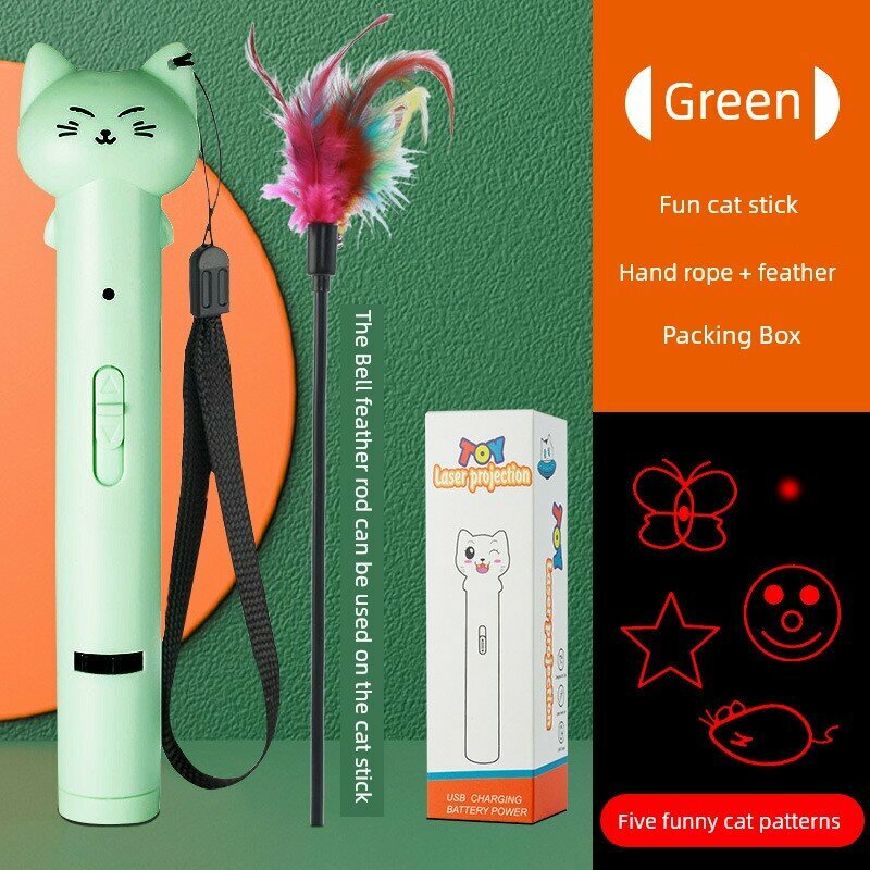 Зеленый USB-перезаряжаемый лазерный указатель с пером для кошек, интерактивная игрушка для домашних животных внутри
