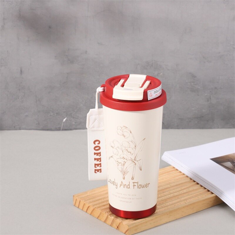 Новая двойная кружка для кофе из нержавеющей стали с изображением ландыша, простая, большая емкость, изолированная кружка, портативная кружка с подвесным шнуром