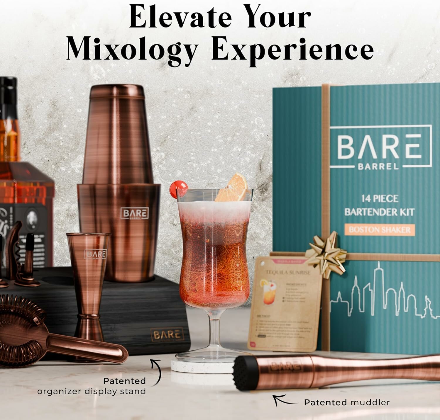 BARE BARREL Набор для приготовления коктейлей 16 предметов Cocktail Making Kit 14-Piece - Copper/Black