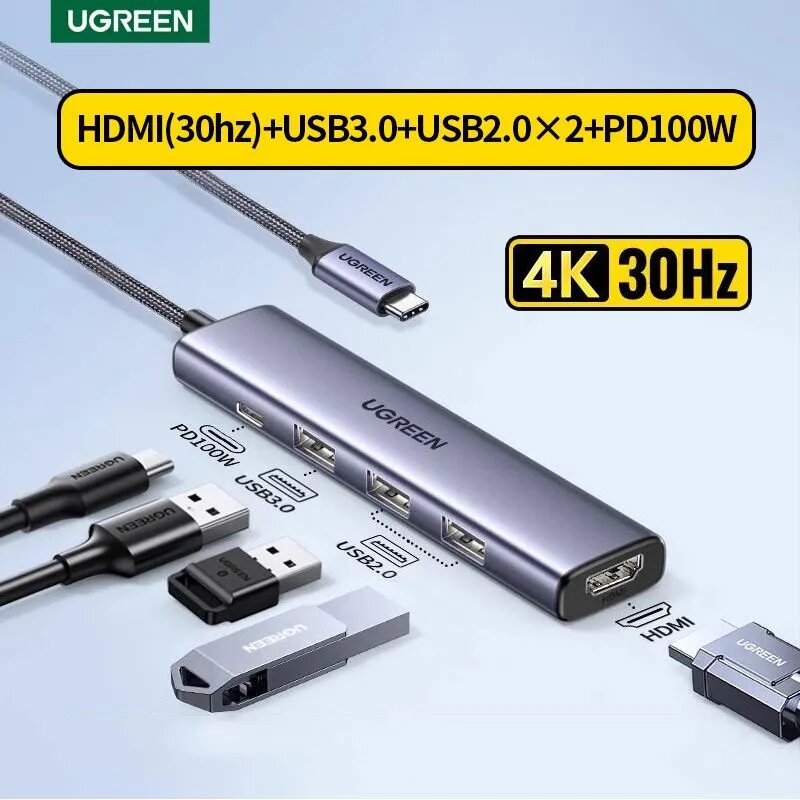 USB-Концентратор UGREEN 5-in-1 (15495),4K(30HZ)HDMI, USB2.0, USB 3.0, PD 100W Hub