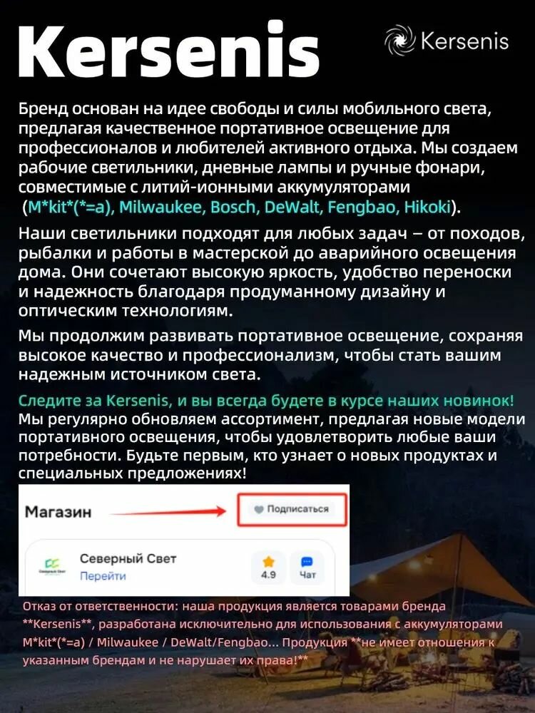 Универсальный светодиодный рабочий фонарь Kersenis для батареи 20-21 В
