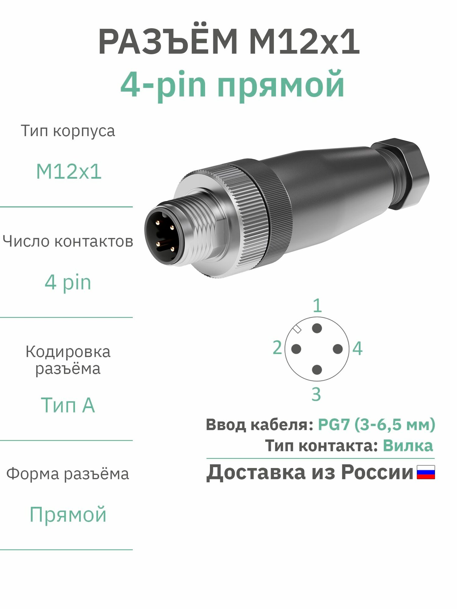 RAZM-M12-C4 разъём М12 4 pin прямой / вилка (папа) / PG7 (3-6,5 мм диаметр под кабель)