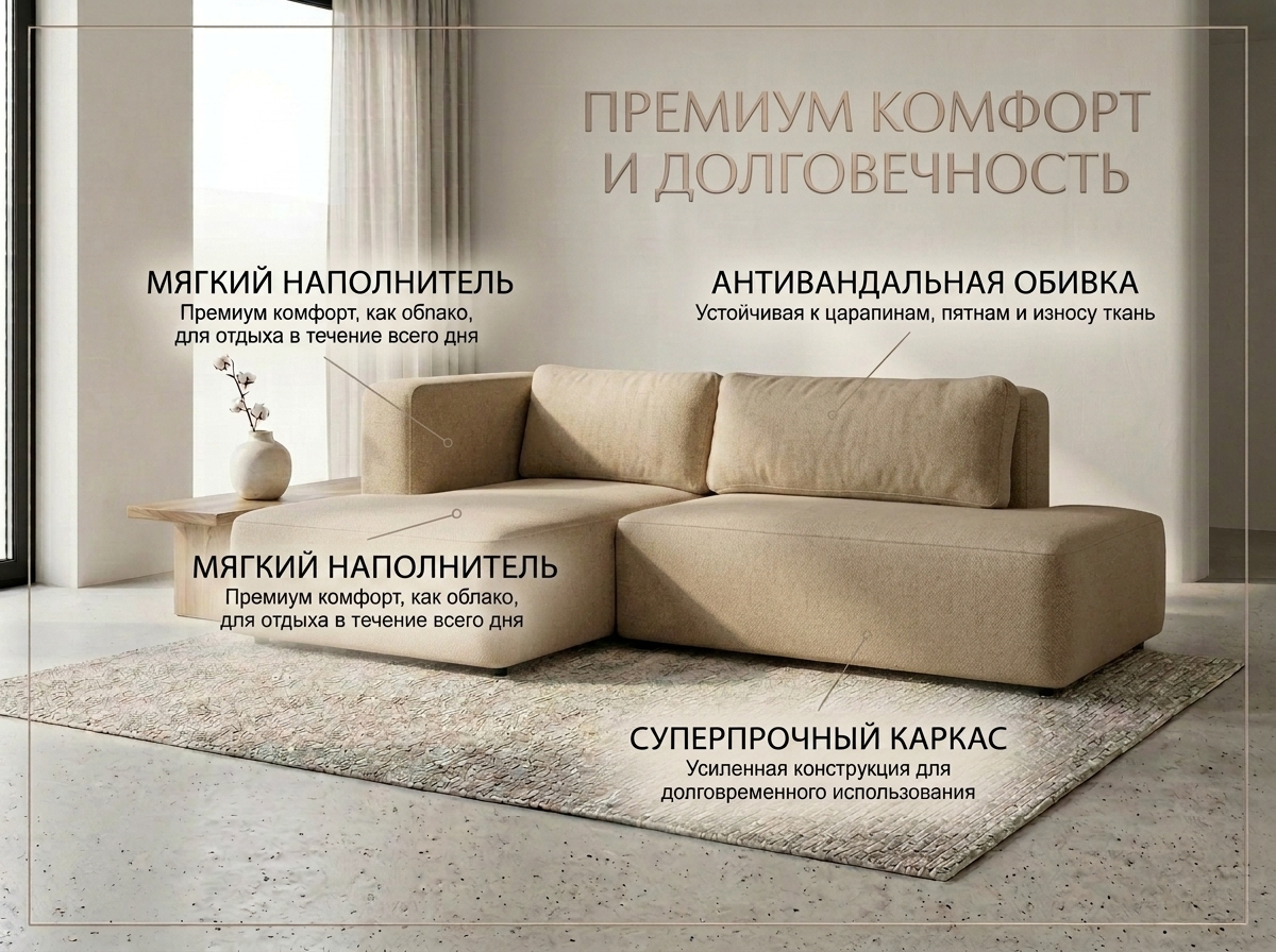 Диван кровать Оскар с оттоманкой на механизме, двумя бельевыми ящиками, механизм еврокнижка, подушки на съемных чехлах