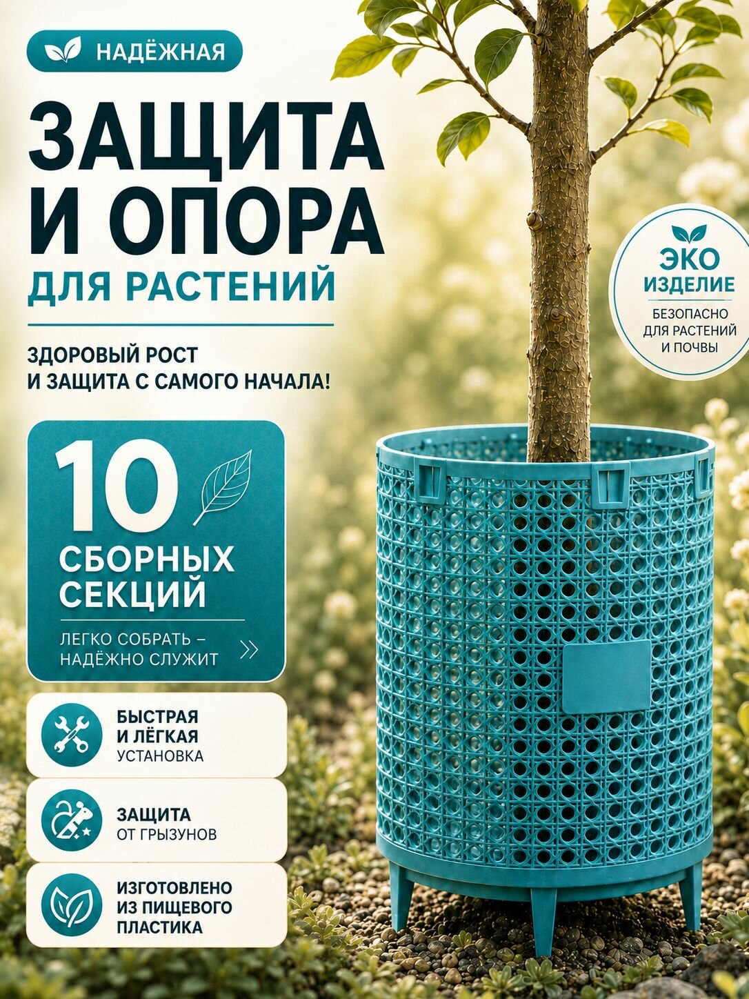 Защита стволов деревьев 10 шт, ограждение для кустарников и цветов опора для растений садовая, пластиковый декоративный заборчик для дачи, сада и клумбы, Бирюзовый