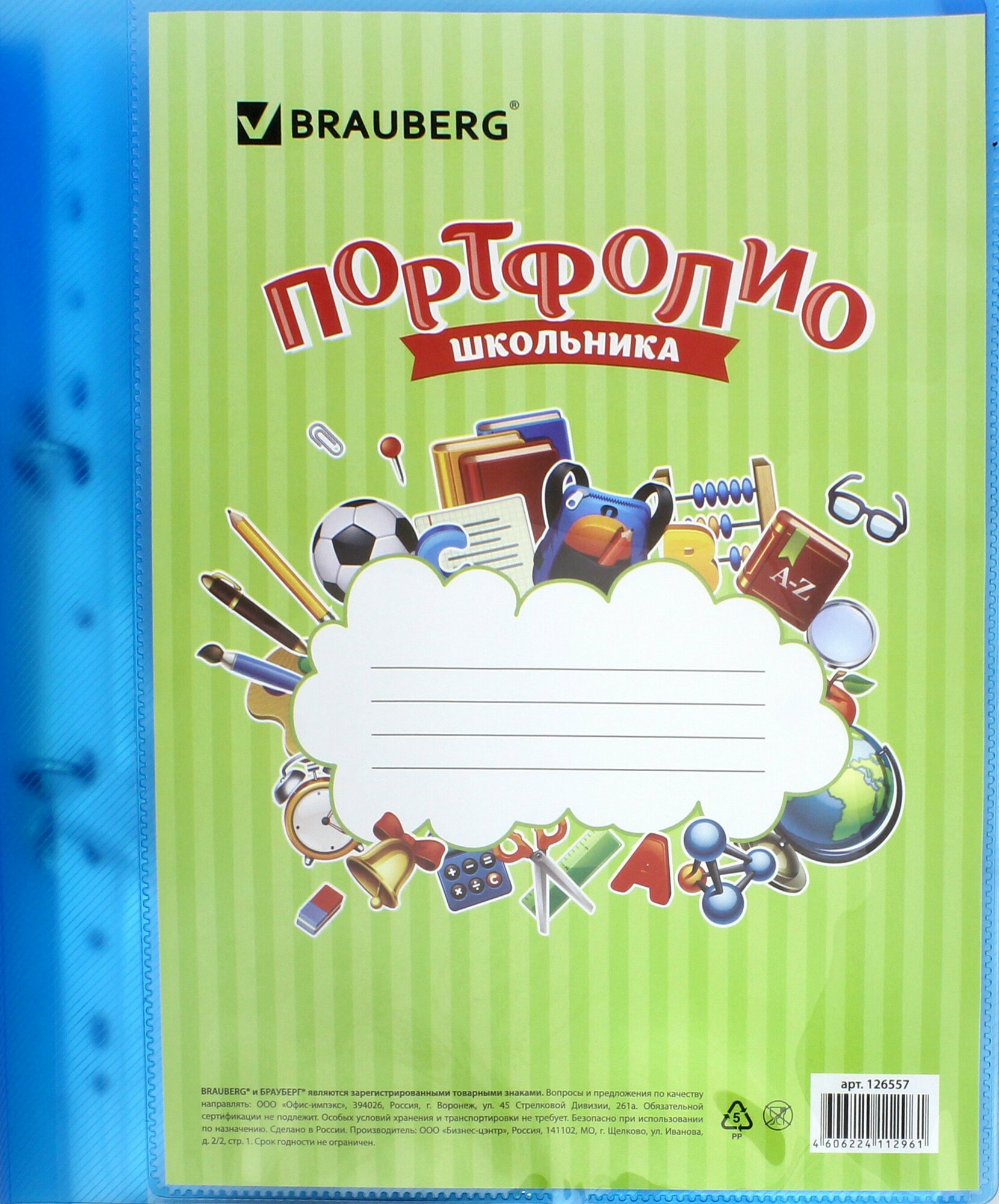 Портфолио школьника 2 кольца, 20 вкладышей, синяя (126557)