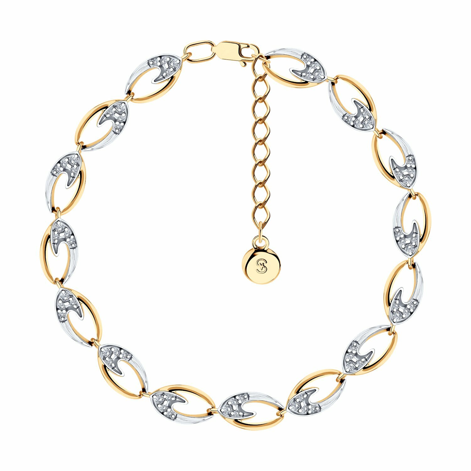 Браслет, серебро, 925 проба, золочение, фианит